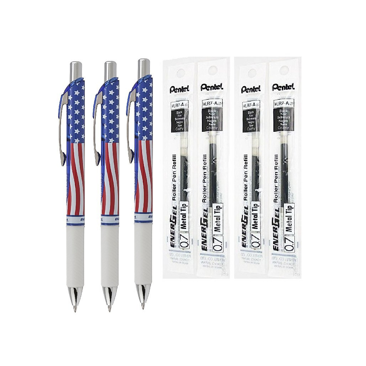 Pentel EnerGel Deluxe RTX Liquid Gel Ink Pen Set Kit, Stars & Stripes, Pack of 3 with 4 Refills (Black - 0.7mm)