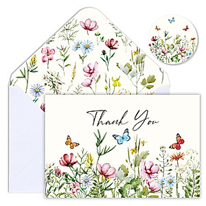 Whaline 20 Pack Wildflower Thank You Cards Bulk Flower Butterfly Greeting Cards with Envelopes and Stickers Spring Floral Blank Note Cards for Birthday Wedding Baby Shower Bridal Shower, 4 x 6 Inch