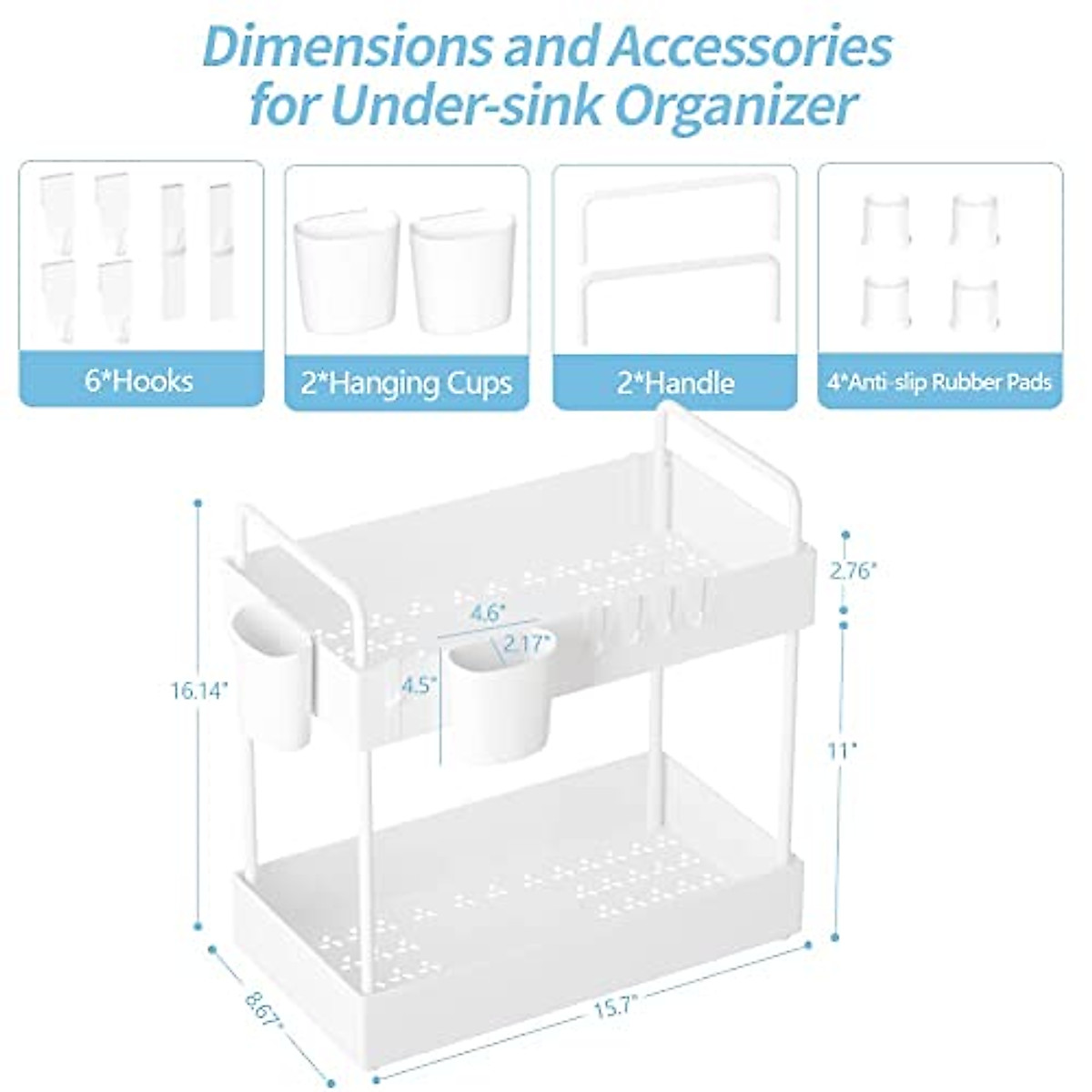 Ormeli Under Sink Organizer, 2 Tier Bathroom Sink Storage Under Cabinet Organizer Baskets Kitchen Countertop Organizer Multi-purpose Bath Collection Baskets with 6 Hooks 2 Hanging Cups (White, 2)