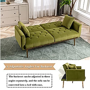 Antetek Velvet Futon Sofa Bed with 3 Adjustable Positions, Small Sleeper Sofa Loveseat with 2 Decorative Pillows, Modern Upholstered Convertible Couch with 5 Metal Tapered Legs (Olive Green)