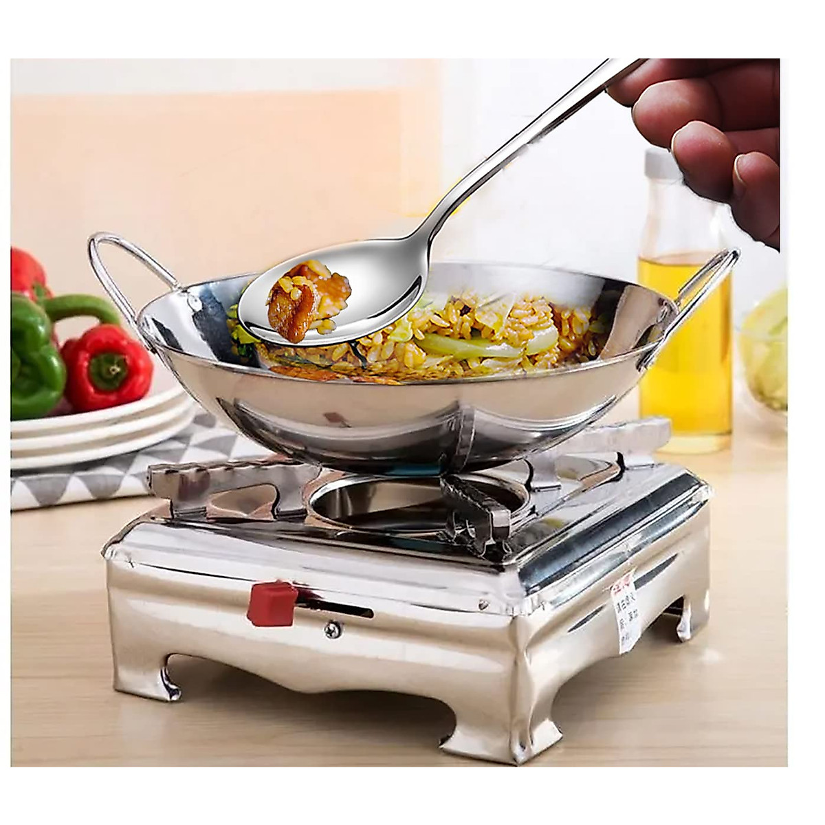 HIOVIOSS Small Wok 9.5inch, Stainless Steel Reheating Pot Alcohol Pan Round Deep Bottom Personal Chafer for Warm Up Food