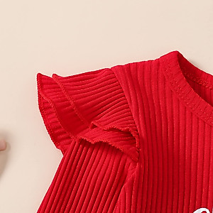 My First Valentine's Day Toddler Girls Outfits Ruffle Ribbed Long Sleeve Shirt Top Heart Print Tutu Suspenders Skirt (Red, 4-5T)