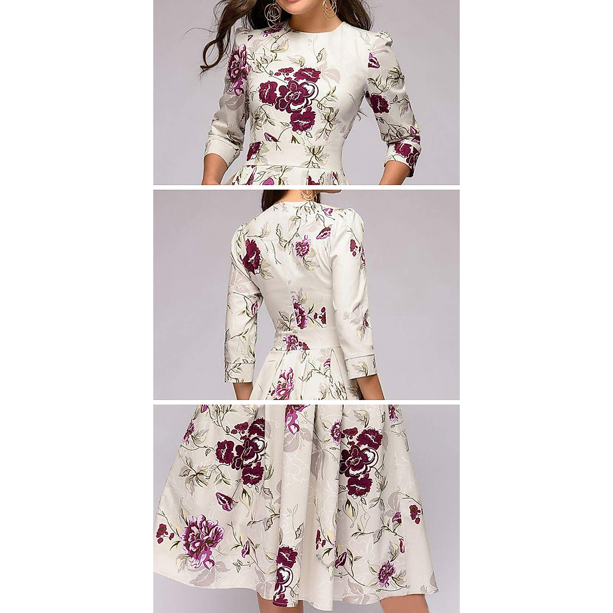 Simple Flavor Women's Floral Vintage Dress Elegant Autumn Midi Evening Dress 3/4 Sleeves (Beige, M)