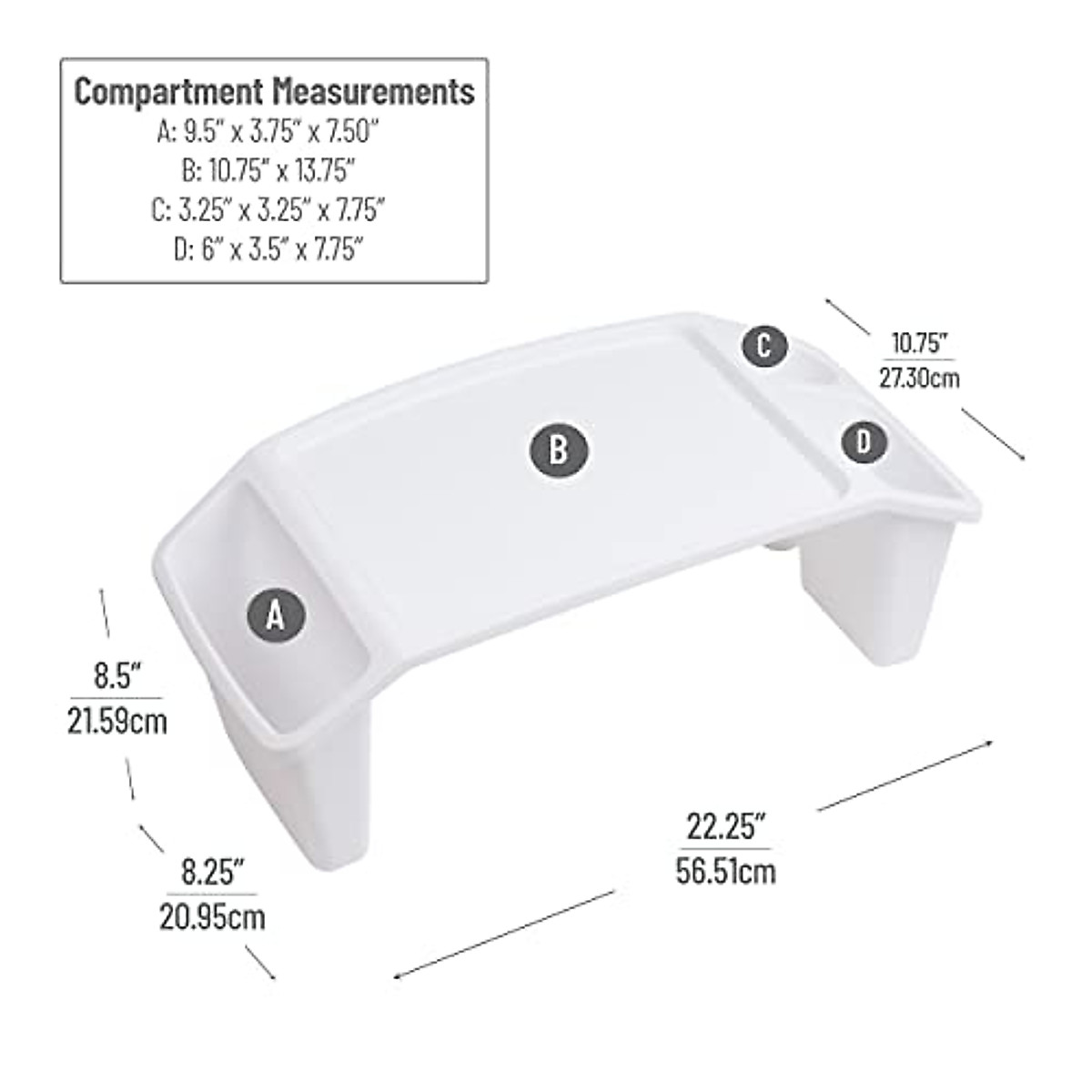 Mind Reader Sprout Collection, Portable Desk, Breakfast Tray, Laptop Desk, Side Storage Pockets with 3 Compartments for Toys, Tablets, Books, Games and Snacks, 22.25" L x 10.75" W x 8.5" H, White