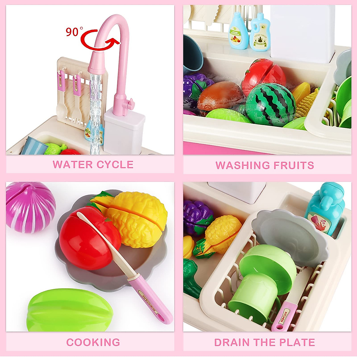 deAO Kitchen Toy Sink Toys with Cutting Food,Electric Dishwasher Playing Toy with Running Water, Role Playing Game Pretend Food,44 PCS Kitchen Accessories Set for 3 4 5 Years Old Girls Boys