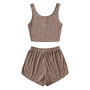 SOLY HUX Women's Button Front Ribbed Knit Tank Top and Shorts Pajama Set Sleepwear Lounge Sets Mocha Brown M