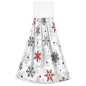 Winter Snowflakes Kitchen Hanging Towel Red White Snow Hand Fingertip Bath Tie Towels Set of 2 Pcs Tea Bar Dish Cloths 14 x 18 in Dry Towel Soft Absorbent Thin Durable for Laundry Room Decor