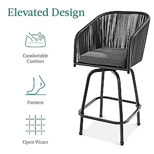 Best Choice Products Set of 2 Woven Wicker Swivel Bar Stools, Patio Bar Height Chair for Backyard, Pool, Garden, Deck w/ 360 Rotation, 250lb Capacity - Black/Gray