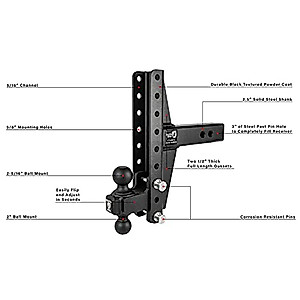 BulletProof Hitches 2.5" Adjustable Extreme Duty (36,000lb Rating) Offset 4" & 6" Drop/Rise Trailer Hitch with 2" and 2 5/16" Dual Ball (Black Textured Powder Coat, Solid Steel)