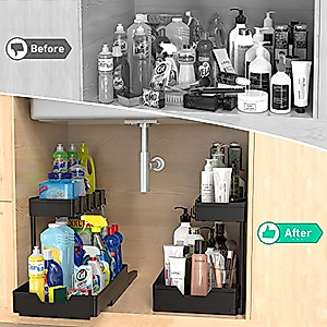 Mastom Under Sink Organizers and Storage, Kitchen Bathroom Sink Organizer with Hooks, 2 Tier L Shaped Pull Out Under Cabinet Basket Storage with Sliding Drawers, Black