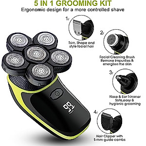 Telfun Head Shavers for Bald Men, 5-in-1 Head Electric Razor with Nose Hair Sideburns Trimmer, Waterproof Wet/Dry Mens Grooming Kit, LED Display, IPX7-Waterproof, Gifts Travel Case