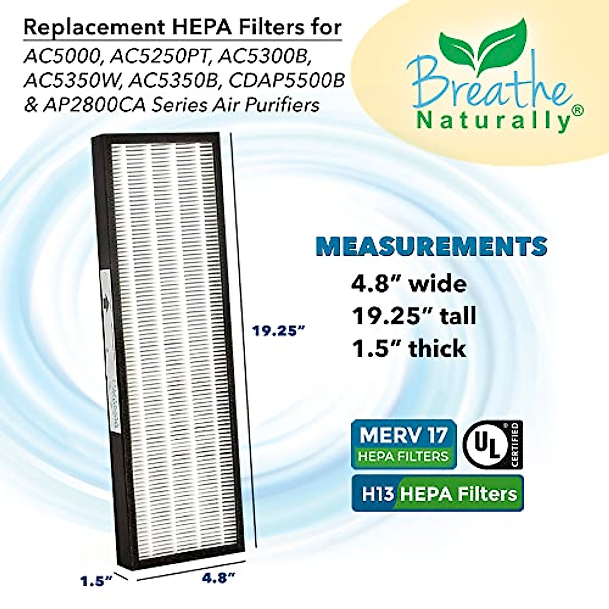 Breathe Naturally 2 Pack FLT5000 True HEPA Filter C Replacement with 8 Pack Activated Carbon Pre-Filters Compatible with AC5000 AC5000E AC5250PT AC5350B AC5350BCA AC5350W AC5300B Series Air Purifiers