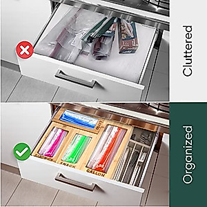 Yuzami Ziplock Bag Organizer , Bamboo Drawer Organizer , 4 Separate Baggie Organizer Storage Bag Organizer, also Includes 100 PCS Sandwich Ziplock Bags, Bag Storage Organizer for Kitchen Drawer
