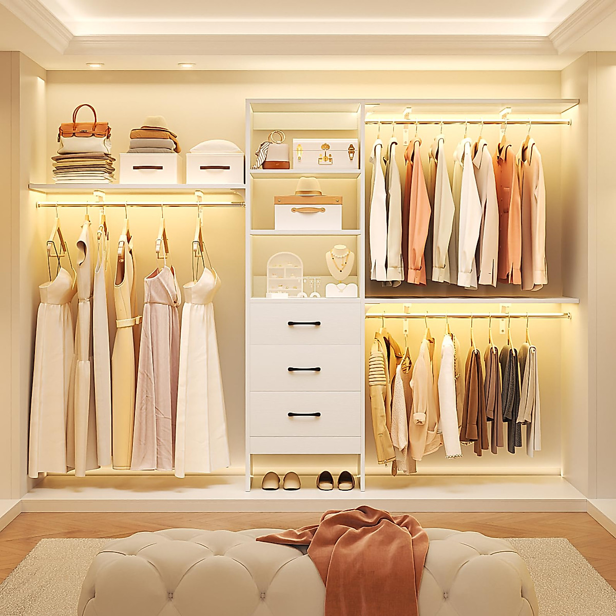 96 Inches Closet System, 8FT Walk In Closet Organizer with 3 Adjustable Shelves & 3 Hang Rods , Heavy Duty Clothes Rack with 3 Drawers, Built-In Garment Rack, 96"L x 16"W x 75"H, Load 1000 LBS, White