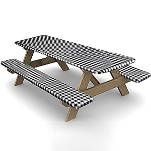 Ruisita 3 Pieces 72 Inches Vinyl Picnic Table and Bench Fitted Tablecloth Cover Picnic Table and Bench Fitted Tablecloth for Picnics Indoor and Outdoor Dining, Black and White