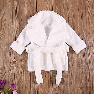 Qiylii Unisex Baby Plush Bathrobe Plain Kimono Gown Newborn Toddler Girls Boys Towel Robe Nightwear Clothes (White, 12-24 Months)