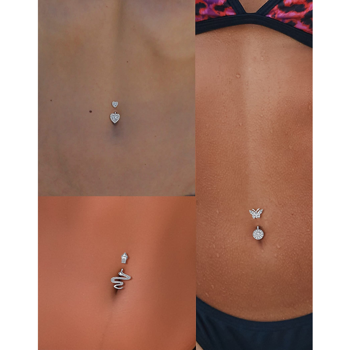 Akeoqi 14G Belly Button Rings for Women Dangle Cute Snake Round/Love Heart Devil Heart Clear Cubic Zirconia Navel Rings Body Piercing Jewelry Pack