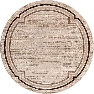 Unique Loom Oasis Collection Modern, High-Low Pile, Border, Stripes, Abstract Area Rug (7' 0 x 7' 0 Round, Brown/Beige)