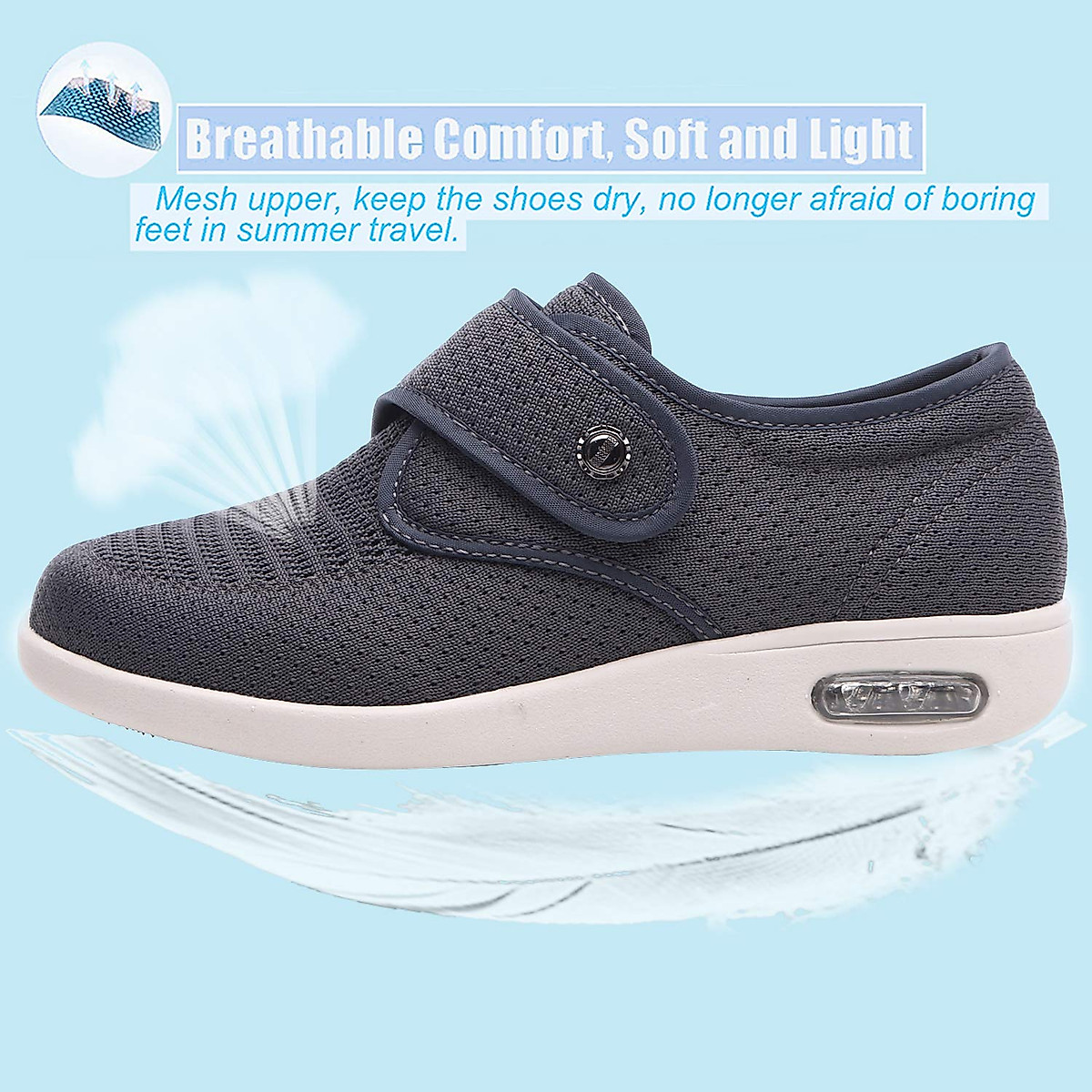 W&LESVAGO Women's Wide Width Diabetic Elderly Shoes Mesh Breathable Walking Sneakers Non-Slip Lightweight Adjustable Easy On and Off Strap for Swollen Feet(9#,Grey)