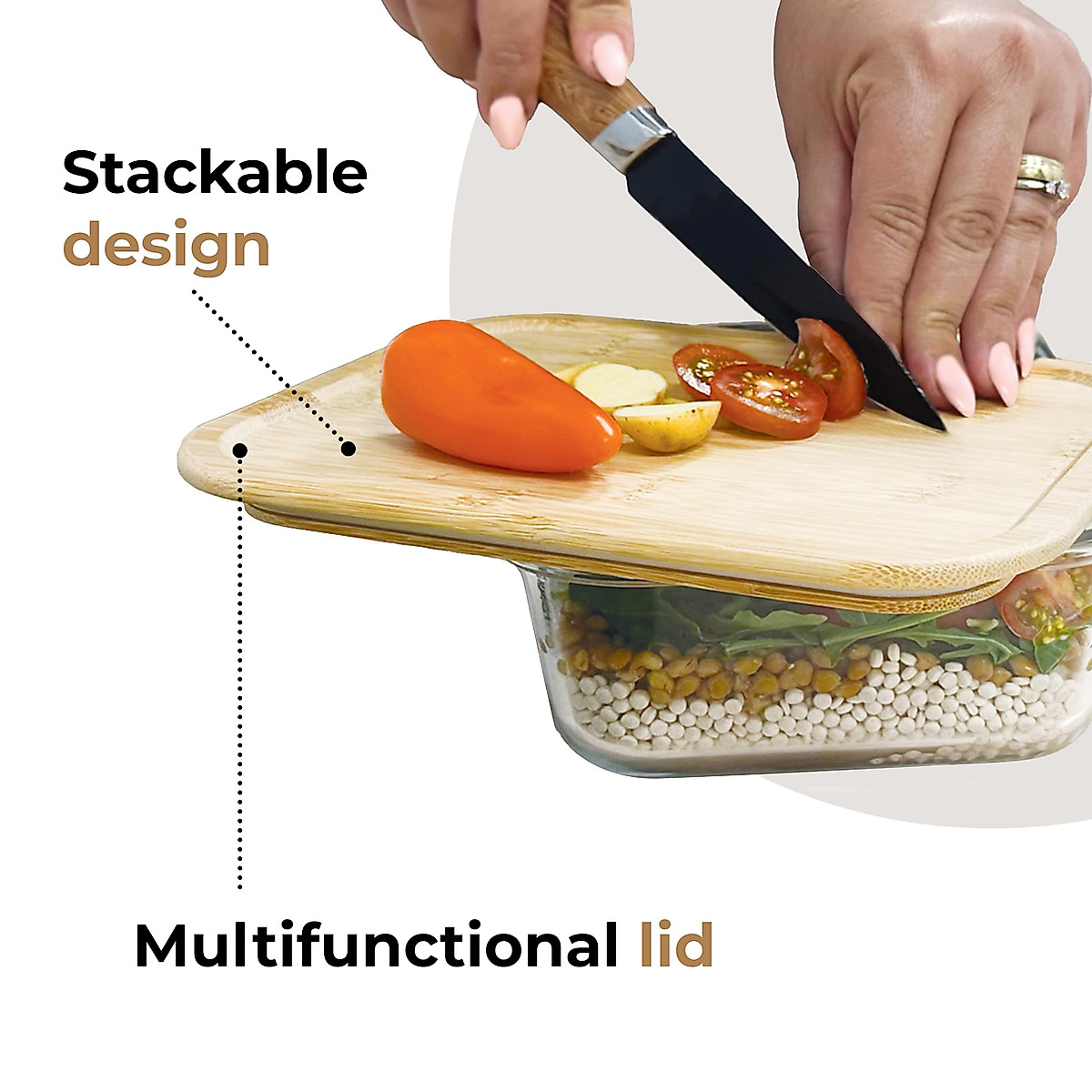 JS Gourmet 2 Pcs Glass Food Storage Containers with Bamboo Cutting Board and Airtight Lid, Ideal for Preparing and Storing Meals, Food, Fruits, Salad and more Ingredients (35oz and 51oz)