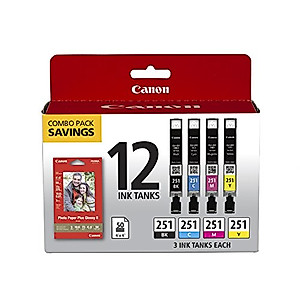 Canon CLI-251 BK/C/M/Y 12 Color Combo Pack Compatible to MG7520, MG5620, MG6620