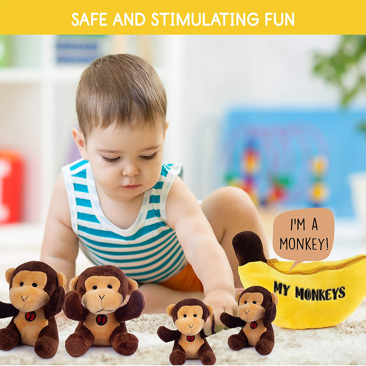 Talking Plush Monkeys Toy Set with Banana Carrier | Soft, Fluffy, and Great Gift for Babies and Toddlers