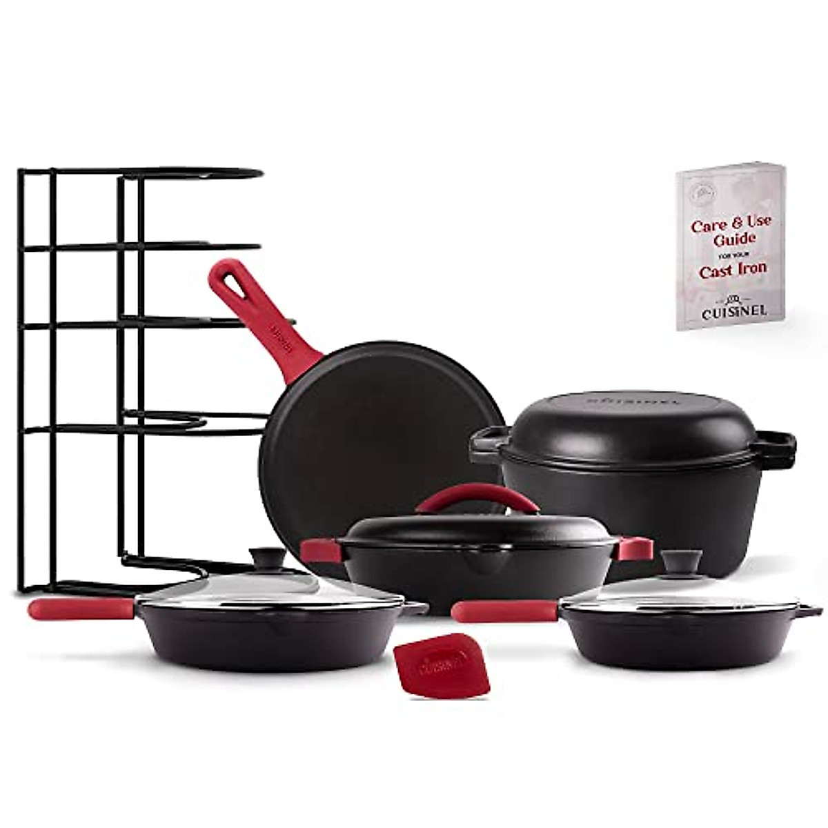 Cuisinel Cast Iron 17-Piece Preseasoned Cookware Set - 8"+10" Skillets + Lids + 5-Quart Dutch Oven + 12" Braiser with Cast Iron Lid + Round Griddle + 15" Organizer Rack + Pan Scraper + Silicone Handle