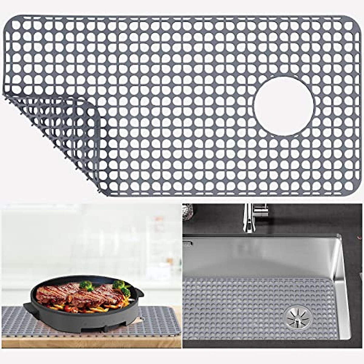 Silicone Sink Protector for Kitchen Sink-MOSTWOGO 28.1''x14.3'' Kitchen Sink Mat for Bottom of Stainless Steel/Porcelain Sink,Side Drain, 1PCS No-Slip Sink Grid Grate Accessories(Grey)