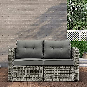 SUNVIVI OUTDOR Wicker Outdoor Patio Loveseat, 2 Piece Aluminum Frame Patio Sofa Couch with Cushions, Grey Wicker Corner Sofa Chairs for Patio Furniture