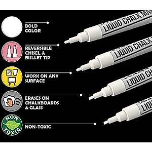 Kassa 4-Pack Erasable White Liquid Chalk Markers, for Chalkboard, Windows, Glass or Mirrors & More; Non-Toxic Washable Marker Pens with Reversible Dual Tip! Ideal for Home, School, & Office Use!