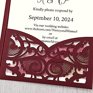 DORIS HOME 50PCS Laser Cut Wedding Invitations with Envelopes and RSVP Cards BLANK Inner With Gold Glitter Belly Band for Wedding Engagement Bridal Shower Party Invite 4.7x7 Inch Burgundy