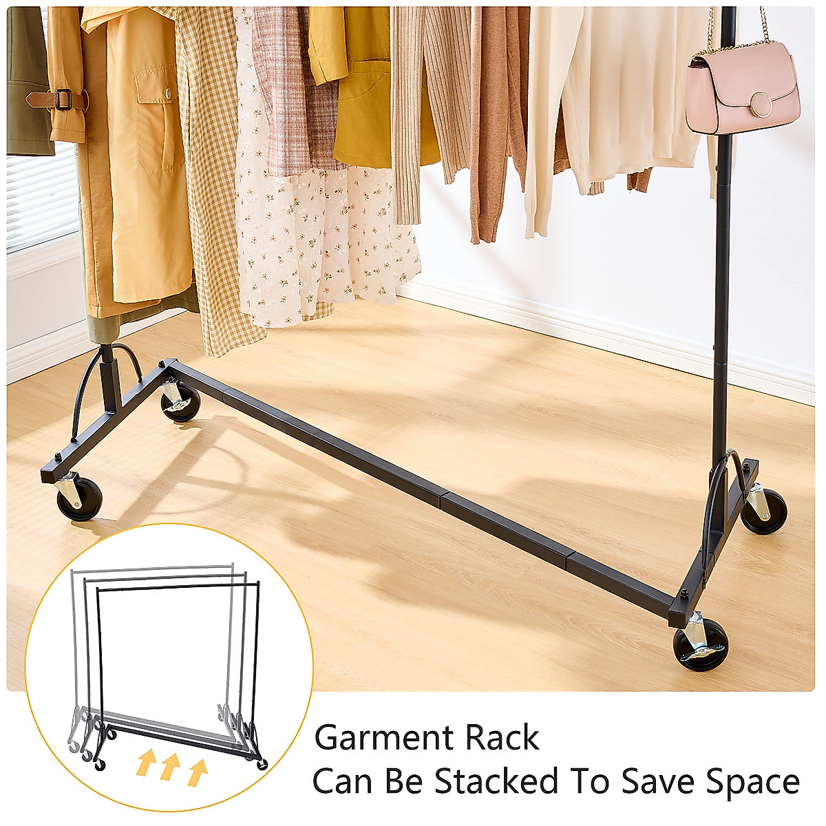 Hoctieon 2-Set Z Rack Set of 2, Rolling Clothing Racks with Z-Base, Heavy Duty Garment Racks Set of 2, Clothes Rack on Wheels With Brakes, Clothes Organizer Rack Set of 2, Black