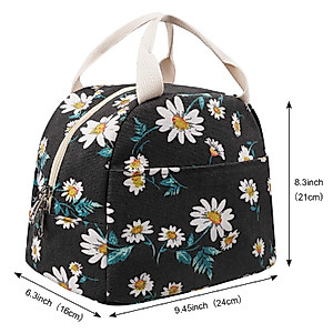EurCross Women's Lunch Bags for Work with Chic Floral Daisy Pattern,Canvas Stylish and Insulated Black Lunch Tote Bento box Bag Carrier of On-the-Go Storage