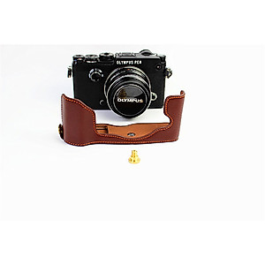 PEN-F Case, BolinUS Handmade Genuine Real Leather Half Camera Case Bag Cover for Olympus PEN-F Bottom Opening Version + Hand Strap - Coffee