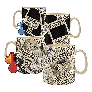 ABYSTYLE One Piece Straw Hat Crew Magic Heat Change Ceramic Coffee Tea Mug 16 Oz. & Absorbent Coaster Gift Set Anime Manga Drinkware 2 Pcs