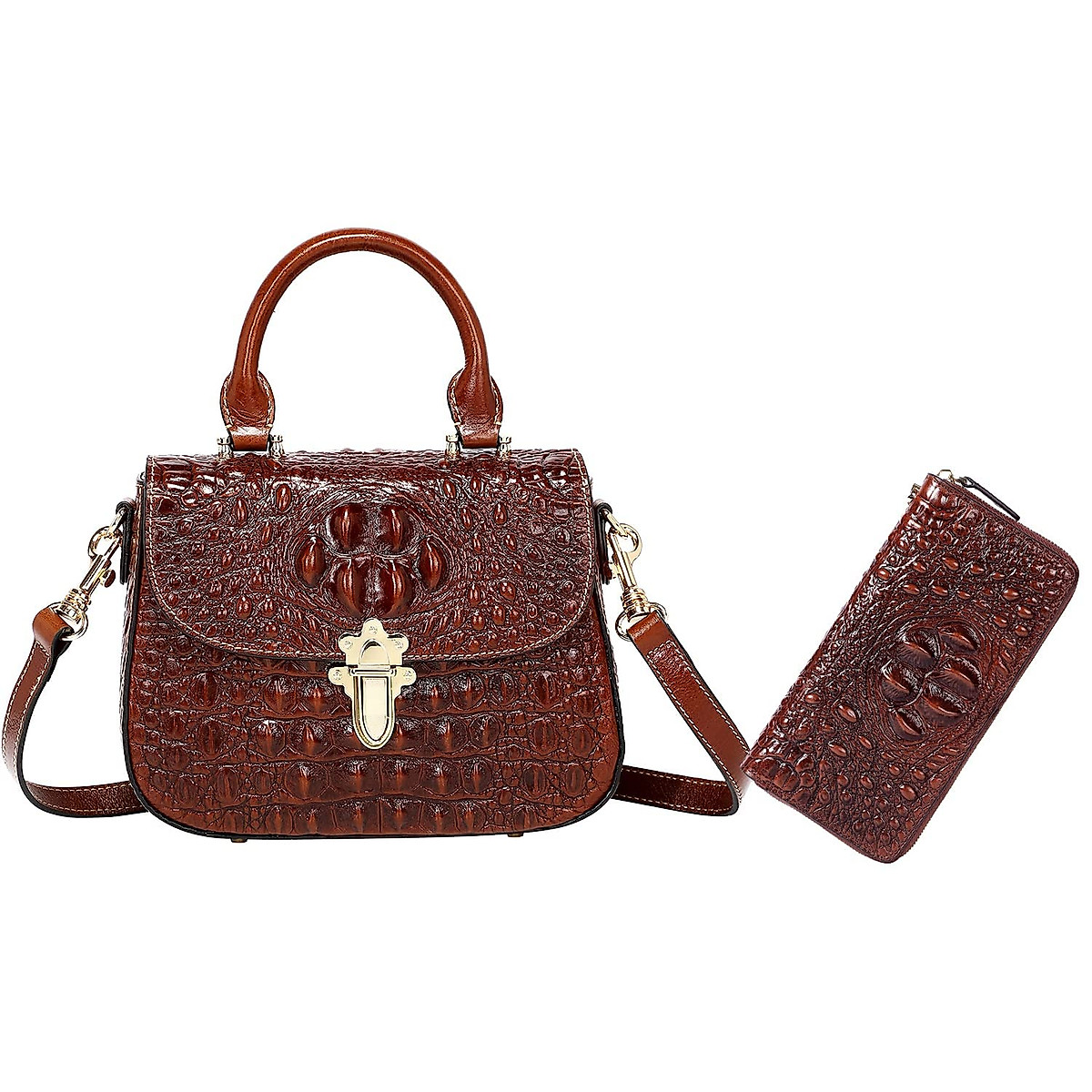 PIJUSHI Designer Genuine Leather Top Handle Satchel Handbag Bundle with Crocodile Leather Wristlet Wallet