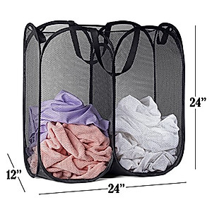 Mesh Popup Laundry Hamper - Two Compartments, Collapsible for Storage and Easy to Open. Folding Pop-Up Clothes Hampers are Great for The Kids Room, College Dorm or Travel. (Black)