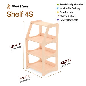 WOOD&ROOM Montessori Inspired Book Organizer for Kids Room Shelf for Classroom and Home | Promotes Independence and Learning | Sturdy and Safe Bookcase for Toys and Books (Shelf 4S)