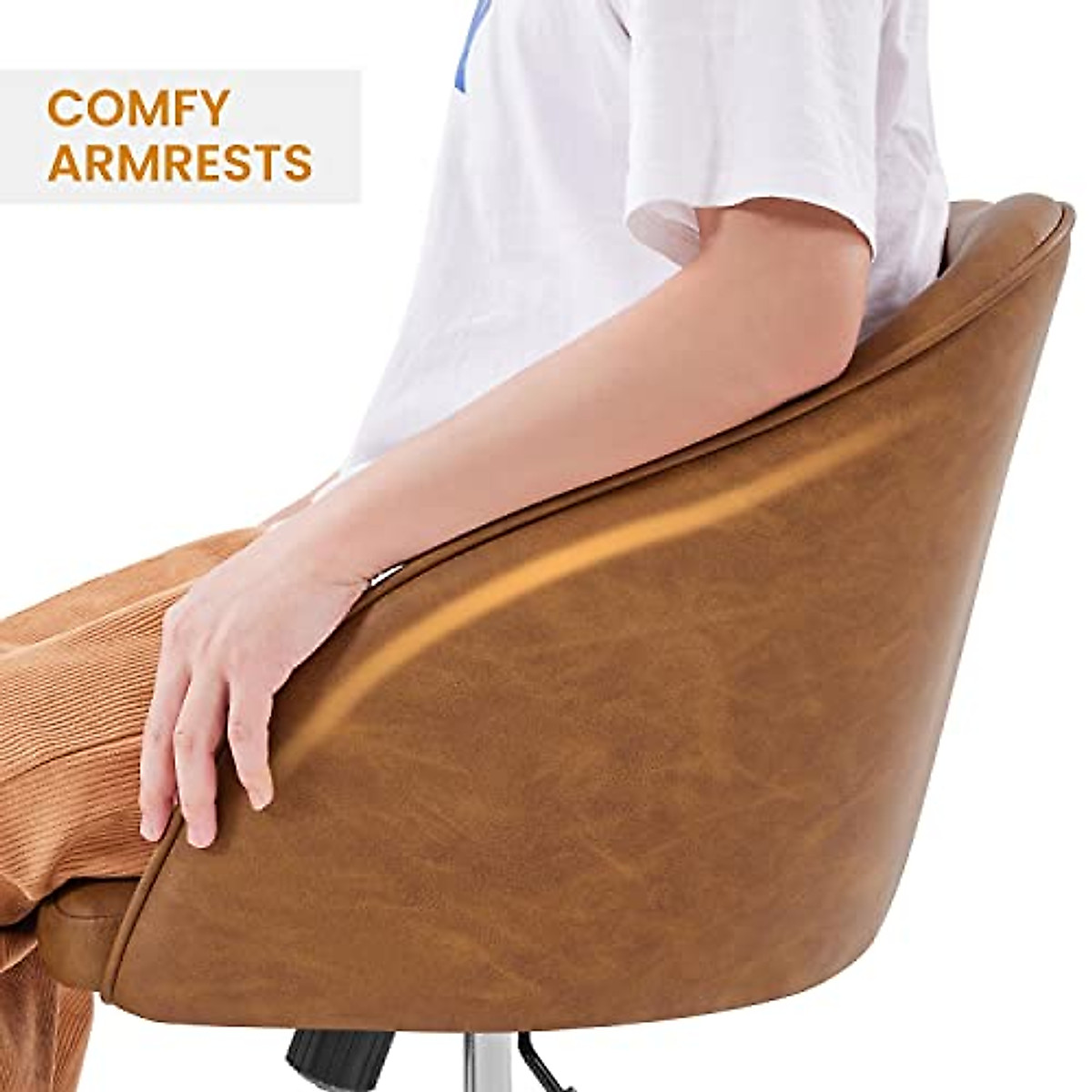 Yaheetech Faux Leather Desk Chair, Makeup Vanity Chair with Adjustable Tilt Angle, Swivel Office Chair Upholstered Armchair Study Chair for Bedroom and Makeup Room Retro Brown