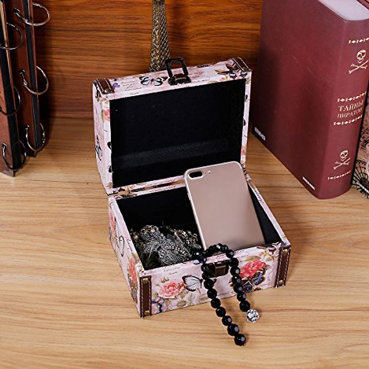 WaaHome Butterfly Wooden Treasure Boxes Decorative Jewelry Keepsakes Box for Kids Girls Women Gifts,Pink (7.1''X5.6''X4.7'')