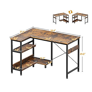 ODK 40 Inch Small L Shaped Computer Desk with Reversible Storage Shelves, Corner Desk with Monitor Stand for Small Space, Modern Simple Writing Study Table for Home Office, Rustic Brown
