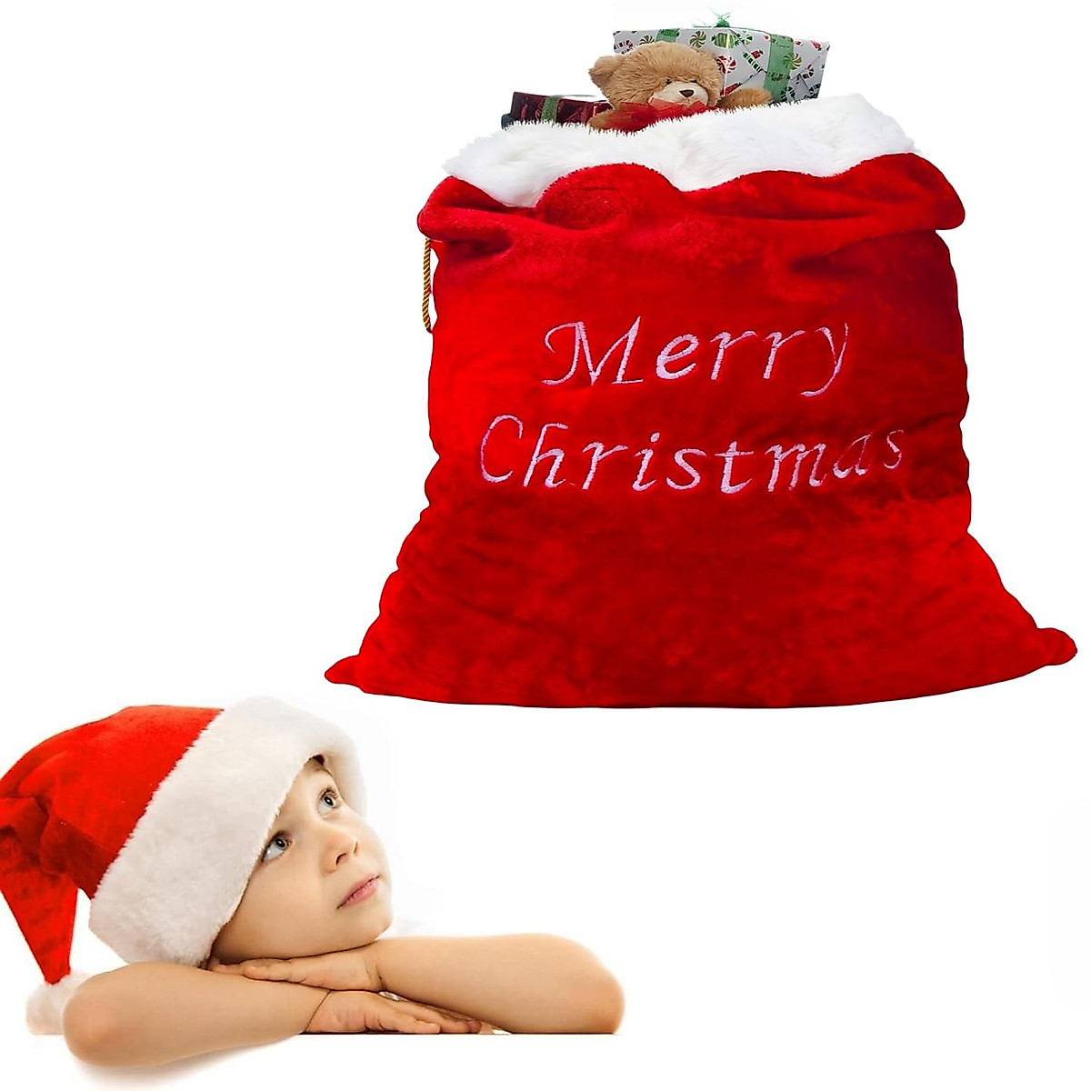 Luxury Oversized Velvet Santa's Gift Sack 3D Plush Faux Fur Cuff with Cord Drawstring – 34" Tall x 24" Wide