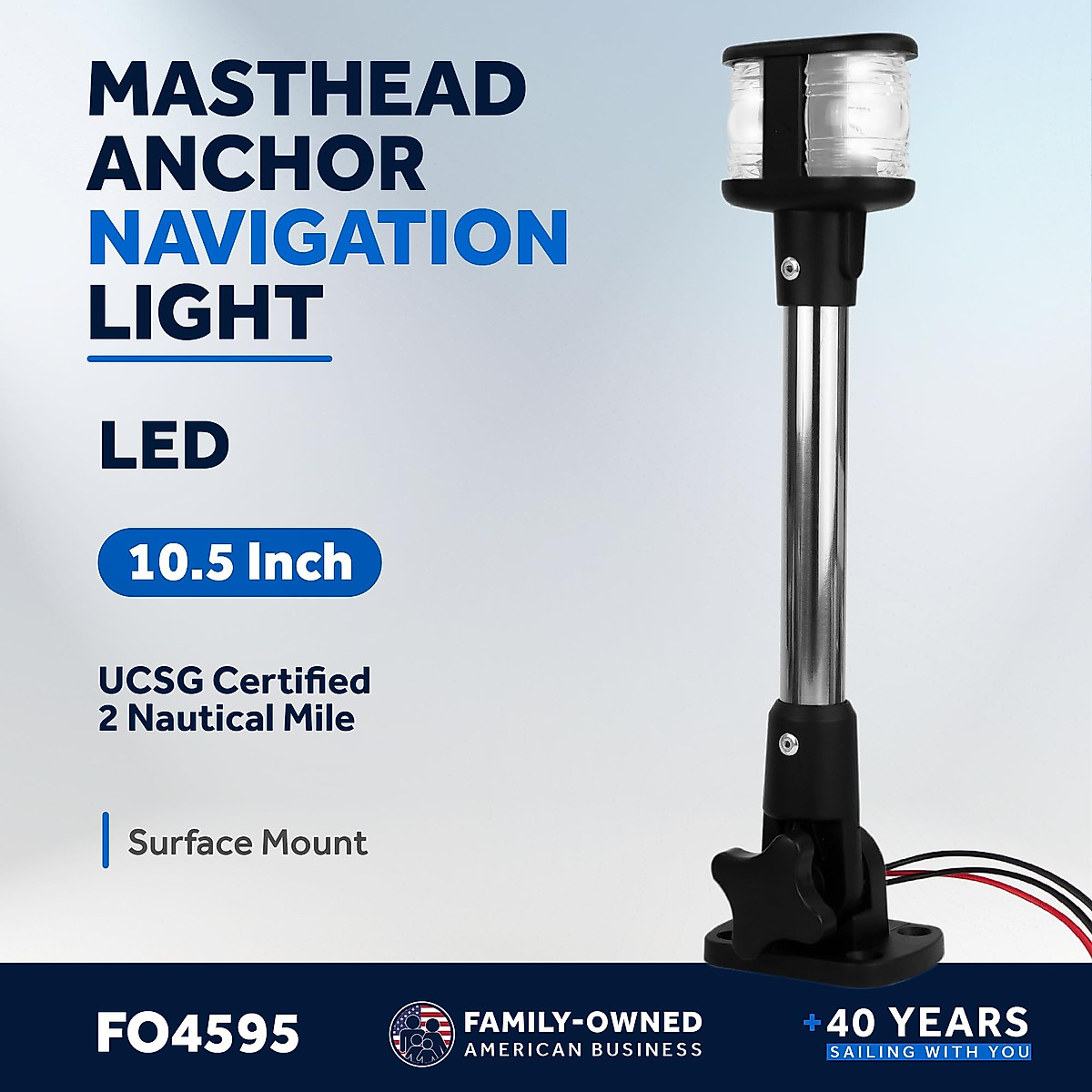 Five Oceans Anchor Light, Combination Masthead and All-Around Lights, Fold Down, LED Boat Navigation Lights, 12V DC, USCG 2NM Rule, 10.5" Fixed Mount, for Sailboats and Powerboats - FO4595