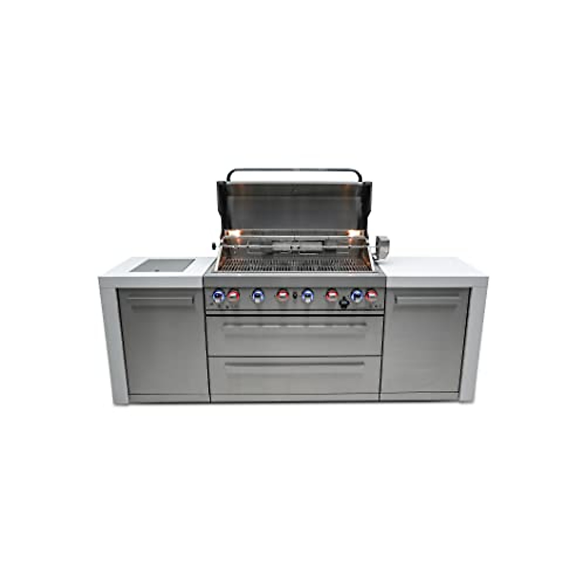 Mont Alpi MAi805-D 44-Inch 6-Burner 115000 BTU Stainless Steel Outdoor Kitchen Bar Island Barbecue Gas Grill w/Ceramic Infrared Rear & Side Burner + Granite Countertops + Storage Cabinets & Wheels