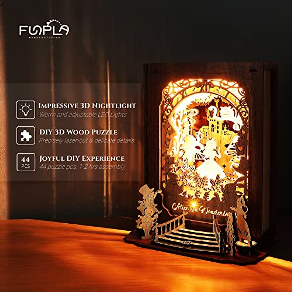 FUNPOLA Alice in Wonderland 3D Puzzle Nightlight – DIY 3D LED Book Lamp – 3D Wood Puzzles Décor Lamp for Kids and Adults