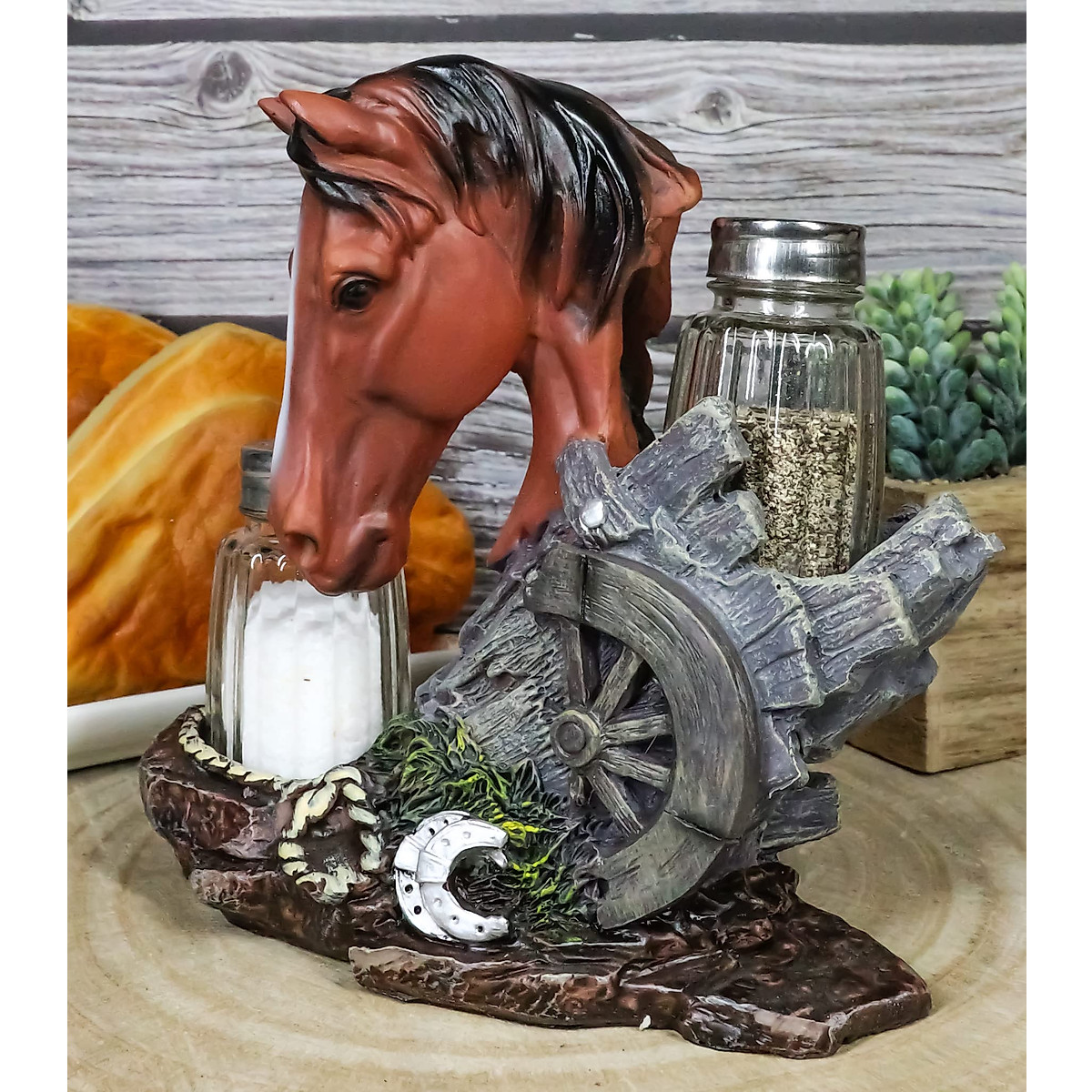 Ebros Country Western Chestnut Brown Stallion Horse By Farm Wagon Wheel Lasso Horseshoes Salt And Pepper Shakers Holder Figurine Set 6.25"High Old Fashioned Rustic Decor Statue (Chestnut Brown)