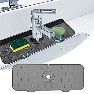 Kitchen Sink Splash Guard,Upgraded Kitchen Guard Silicone Faucet Water Catcher Mat,Silicone Faucet Handle Drip Catcher Tray,Keep Kitchen, Bathroom Sinks Dry (Grey)