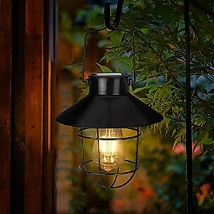 Solar Lantern Outdoor Hanging Lights Solar Powered Decorative Retro Waterproof LED Bulb Metal Lantern Lamp with Handle for Garden Yard Porch Fence Tabletop