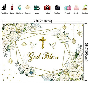 Wollmix 1st First Communion Baptism Decorations Backdrop 7x5ft God Bless Holy Communion Banner Christening Gold Dots White Florals Photography Background Baby Shower Banner Photo Booth Props
