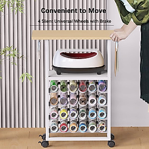 RJOKMT Rolling Craft Storage Cart with Crafting Table Organization Workstation - Compact Removable Design, Craft Storage and Organization Solution with 24 Vinyl Roll Holders (White, 29.3" H)